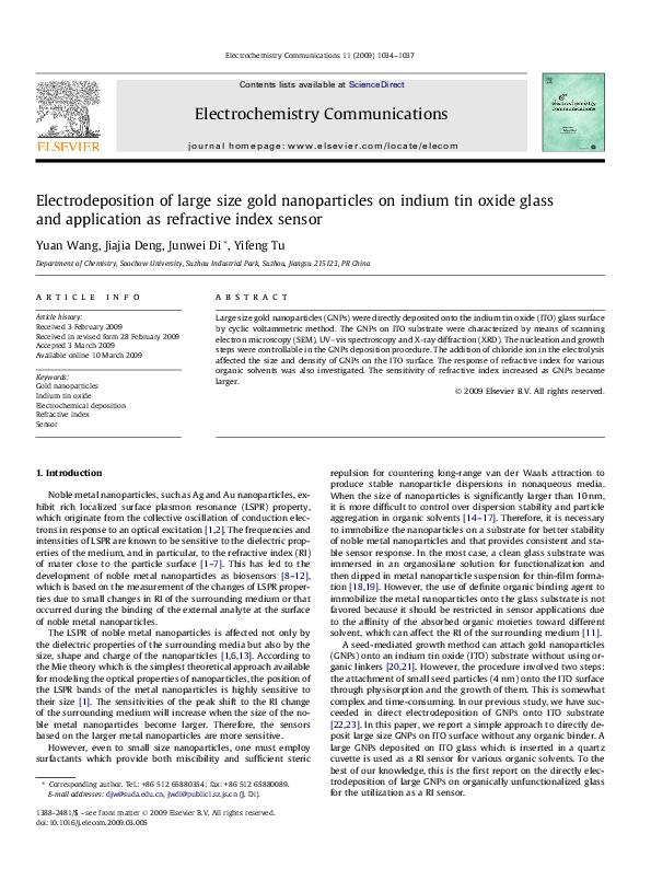 (PDF) Electrodeposition of large size gold nanoparticles on indium tin ...