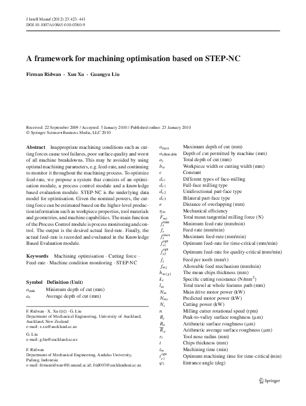(PDF) A framework for machining optimisation based on STEP-NC
