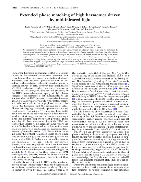(PDF) Extended phase matching of high harmonics driven by mid-infrared ...
