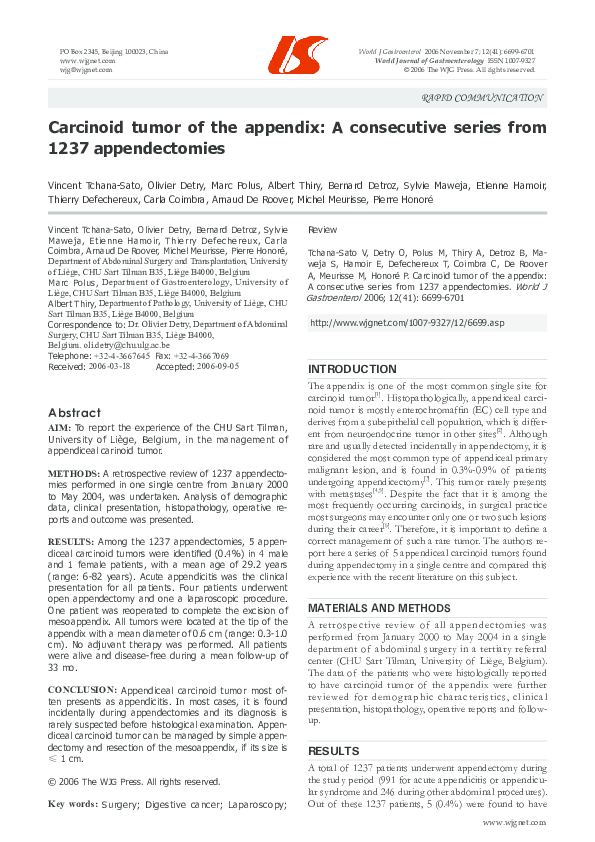 Pdf Carcinoid Tumor Of The Appendix A Consecutive Series From 1237 Appendectomies