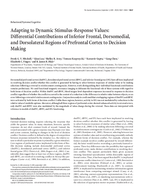 (PDF) Adapting to Dynamic Stimulus-Response Values: Differential Contributions of Inferior ...