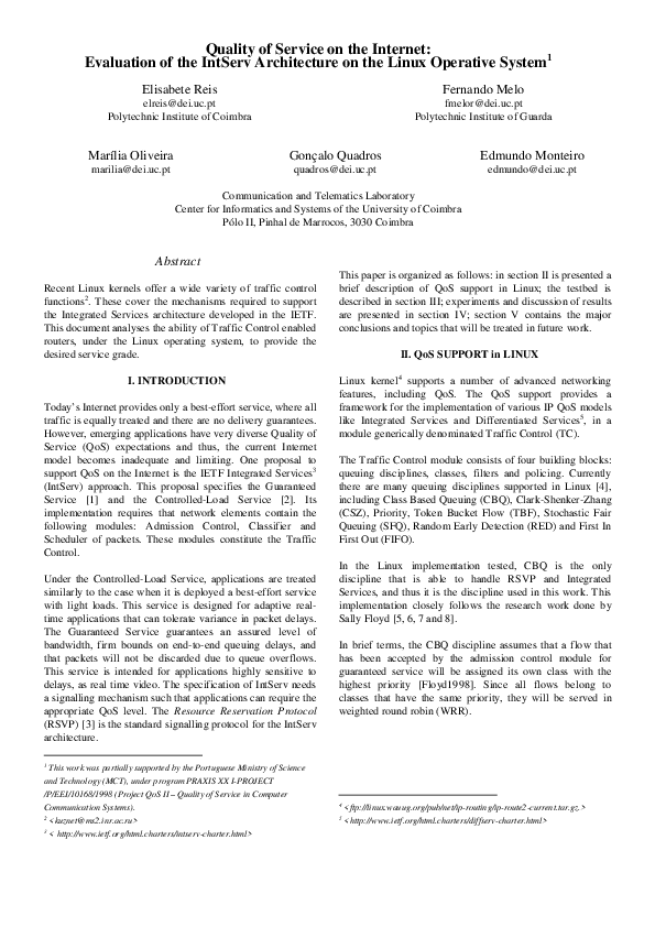 Pdf Quality Of Service On The Internet Evaluation Of The Intserv Architecture On The Linux
