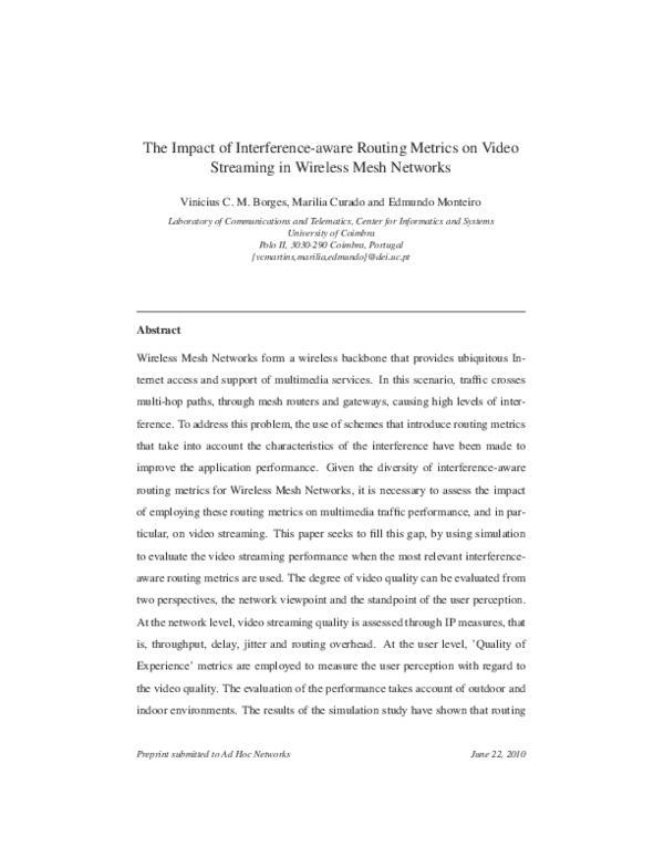 Pdf The Impact Of Interference Aware Routing Metrics On Video Streaming In Wireless Mesh Networks