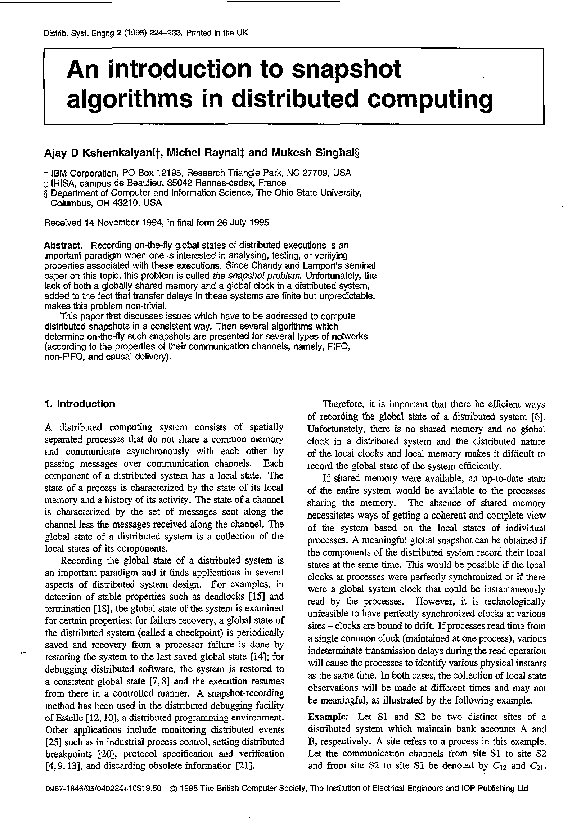 (PDF) I An intrqduction to snapshot I algorithms in distributed computing