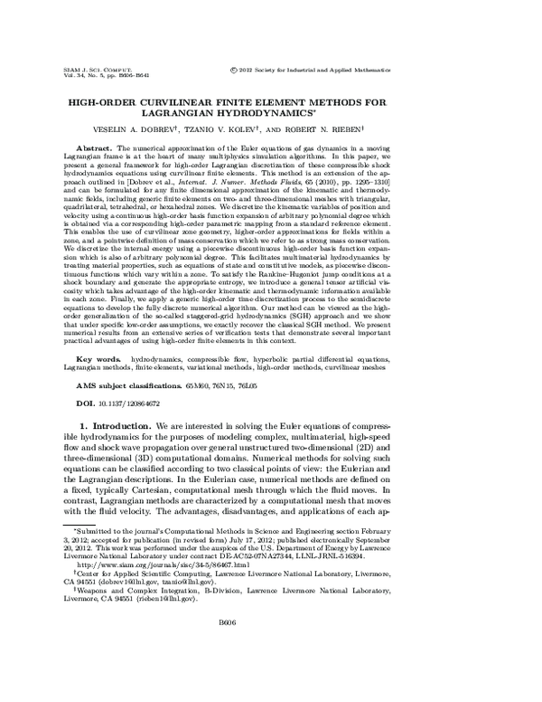 (PDF) High-Order Curvilinear Finite Element Methods for Lagrangian Hydrodynamics