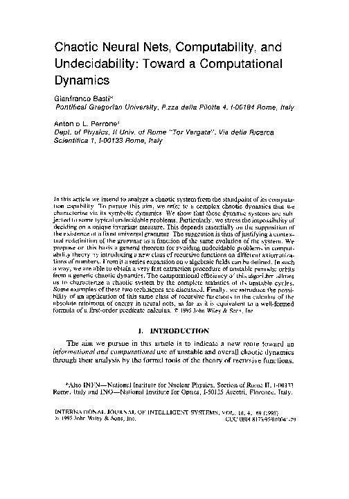 (PDF) Chaotic neural nets, computability, and undecidability: Toward a computational dynamics