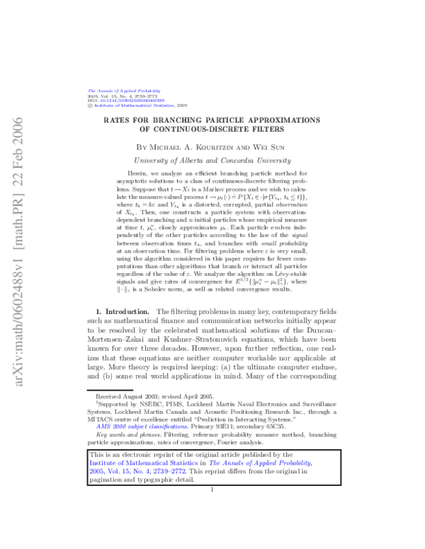 Pdf Rates For Branching Particle Approximations Of Continuous Discrete Filters