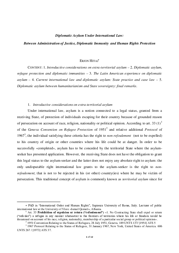 (PDF) Diplomatic Asylum Under International Law: Between Administration ...