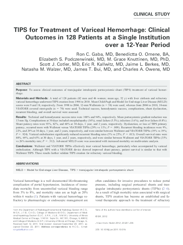 (PDF) TIPS for Treatment of Variceal Hemorrhage: Clinical Outcomes in ...