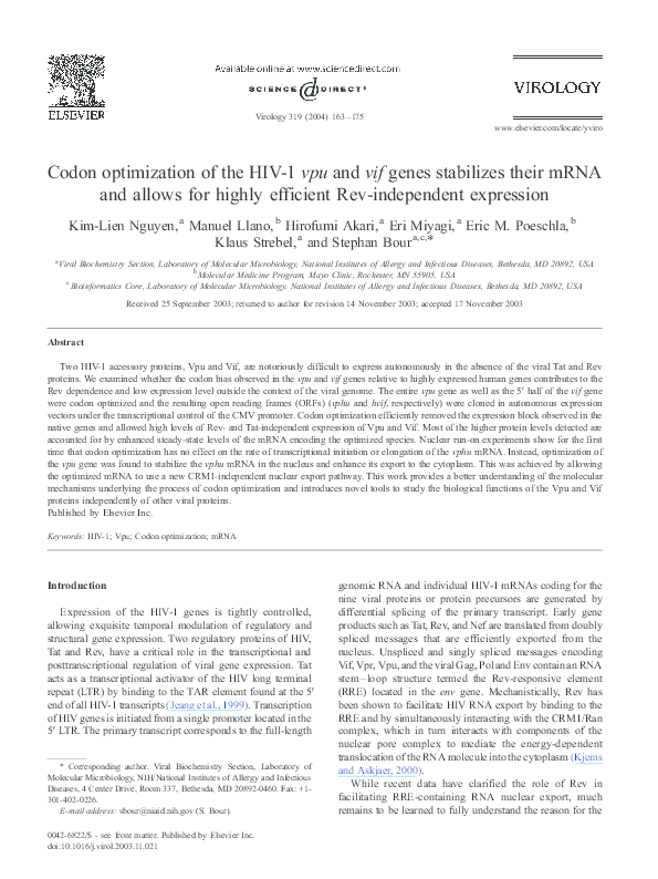 (PDF) Codon optimization of the HIV1 vpu and vif genes stabilizes their ...