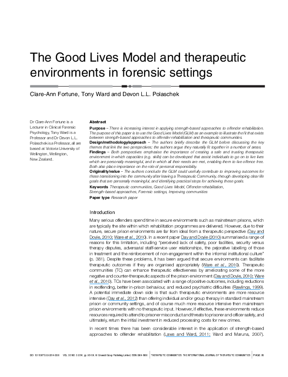 (PDF) The Good Lives Model and therapeutic environments in forensic ...