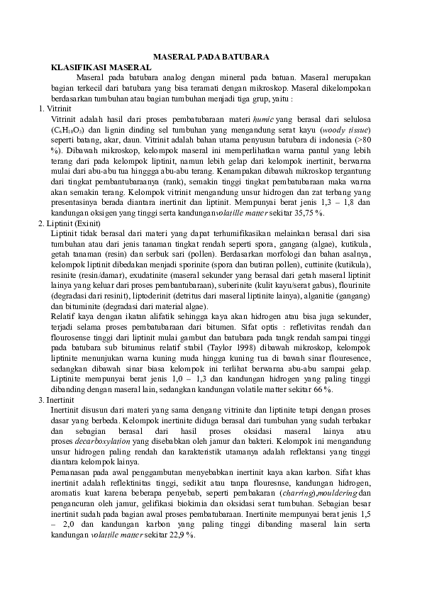 (DOC) MASERAL PADA BATUBARA KLASIFIKASI MASERAL