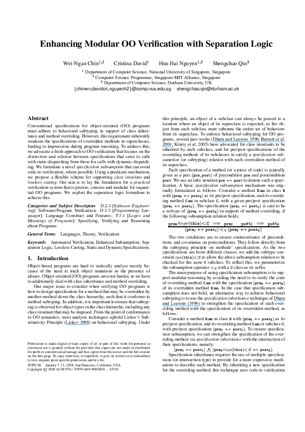 Pdf Enhancing Modular Oo Verification With Separation Logic