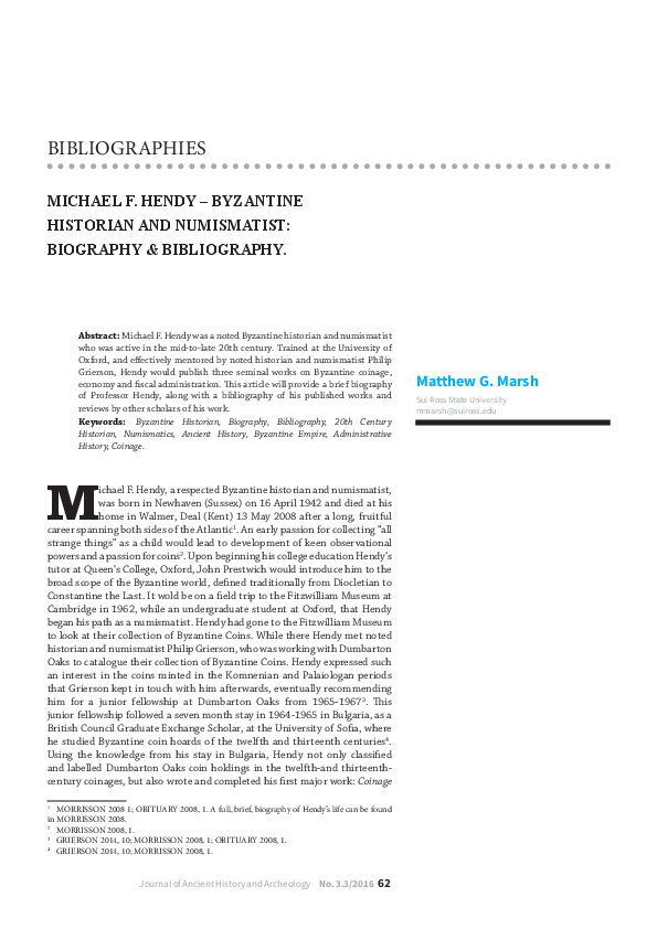 Michael F. Hendy - Byzantine Historian and Numismatist: Biography ...