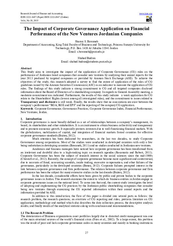 The Impact of Corporate Governance Application on Financial Performance of the New Ventures ...