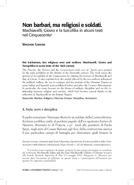 (PDF) Non barbari, ma religiosi e soldati. Machiavelli, Giovio e la ...
