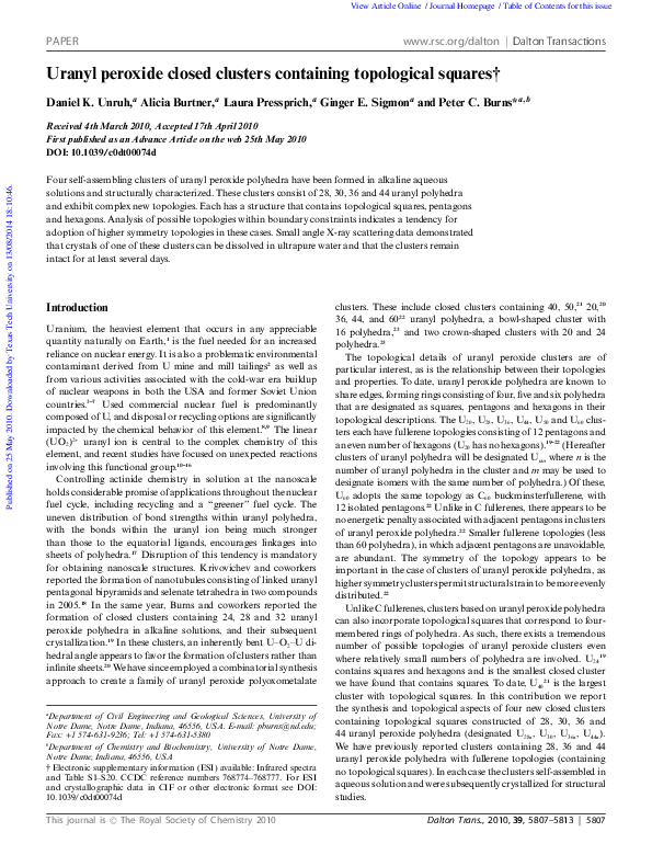 (PDF) Uranyl peroxide closed clusters containing topological squares