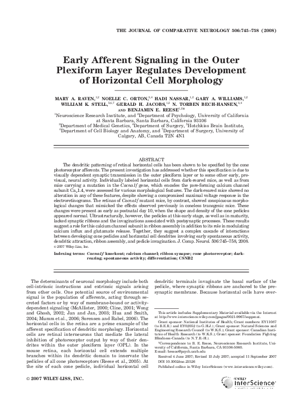 Pdf Early Afferent Signaling In The Outer Plexiform Layer Regulates Development Of Horizontal