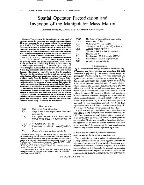 (PDF) Spatial operator factorization and inversion of the manipulator mass matrix
