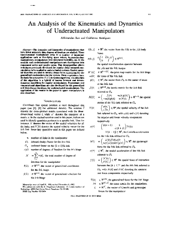 (PDF) An analysis of the kinematics and dynamics of underactuated ...