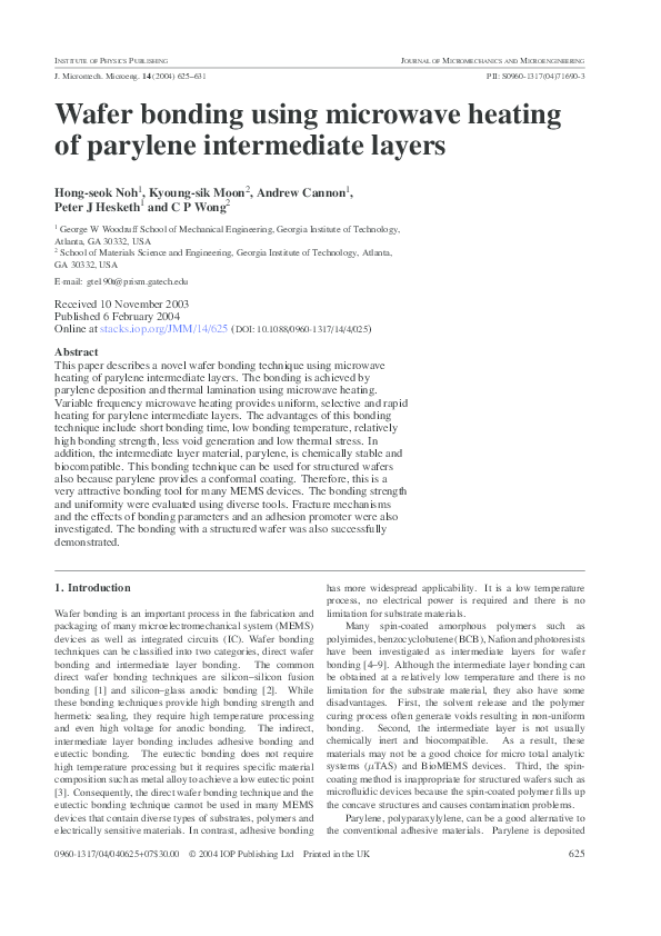 (PDF) Wafer bonding using microwave heating of parylene intermediate layers