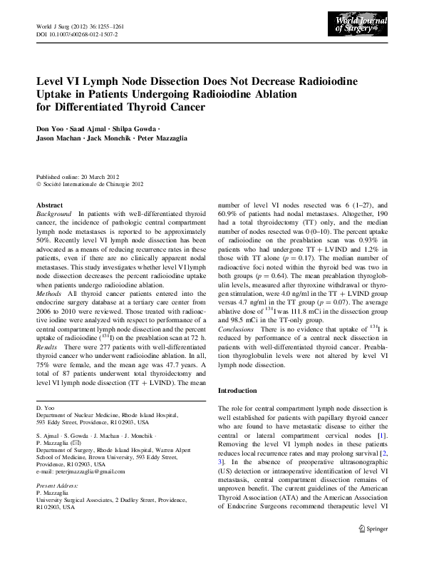 (PDF) Level VI lymph node dissection does not decrease radioiodine uptake in patients undergoing ...