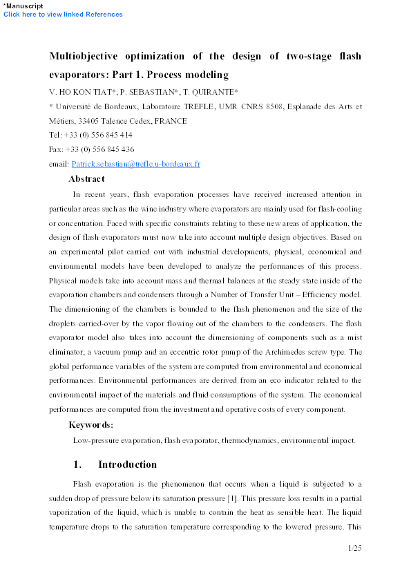 Pdf Multiobjective Optimization Of The Design Of Two Stage Flash Evaporators Part 1 Process