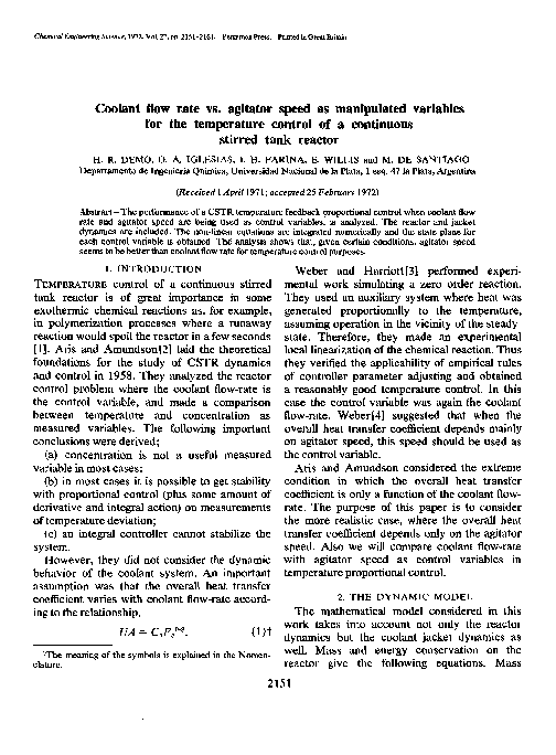 Pdf Coolant Flow Rate Vs Agitator Speed As Manipulated Variables For