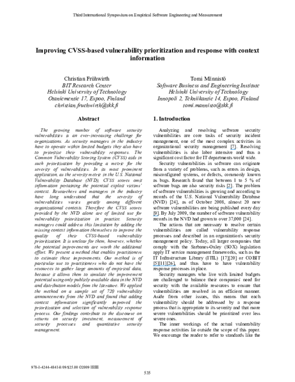Pdf Improving Cvss Based Vulnerability Prioritization And Response