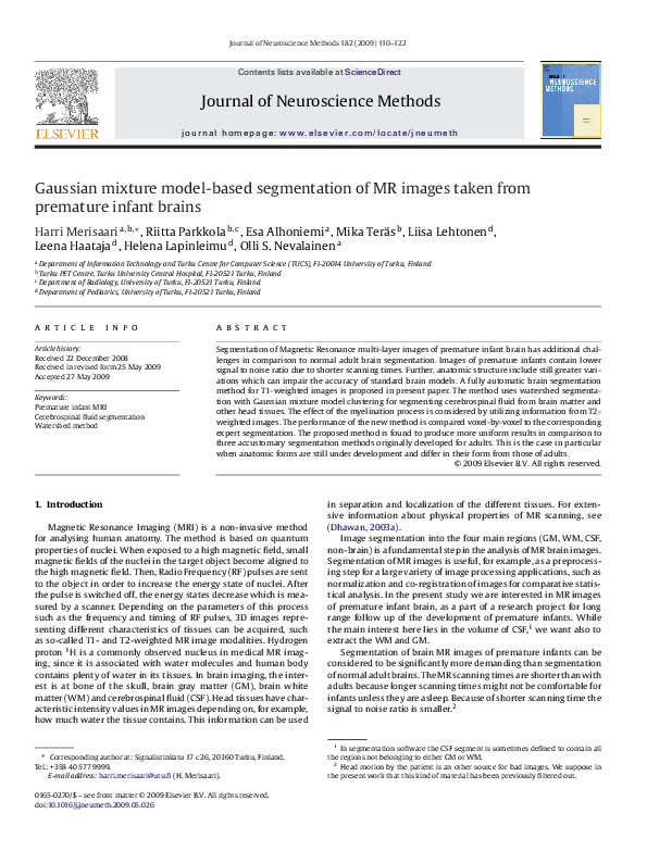 (PDF) Gaussian mixture model-based segmentation of MR images taken from premature infant brains