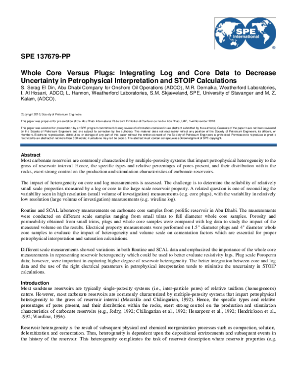 (PDF) Whole Core Versus Plugs: Integrating Log and Core Data to ...