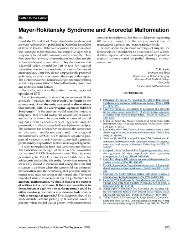 (PDF) Mayer-Rokitansky syndrome and anorectal malformation