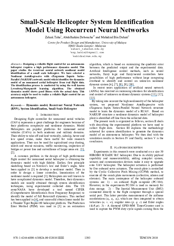 (PDF) Small-scale helicopter system identification model using recurrent neural networks ...