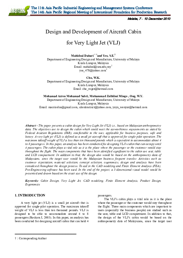 (PDF) Design and Development of Aircraft Cabin for Very Light Jet (VLJ)