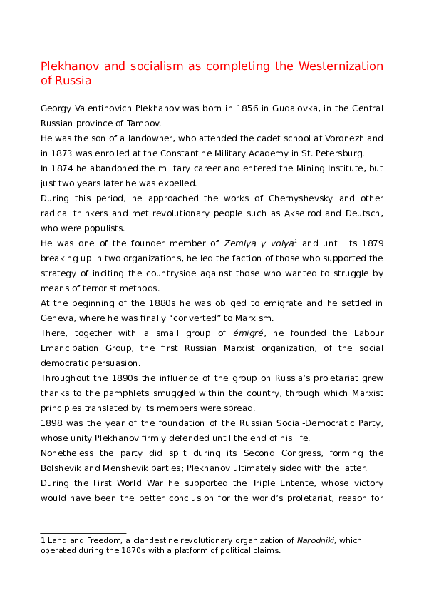 (DOC) Plekhanov and Socialism as completing the Westernization of Russia