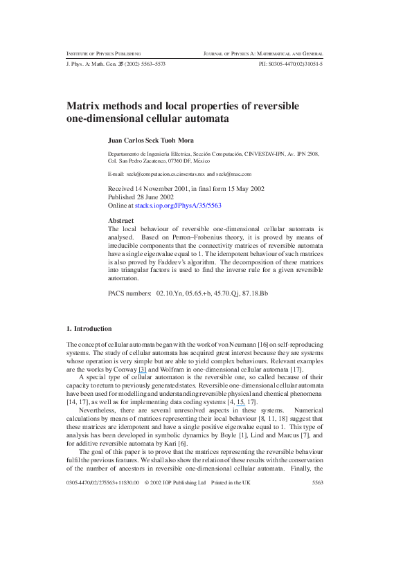 Pdf Matrix Methods And Local Properties Of Reversible One Dimensional Cellular Automata