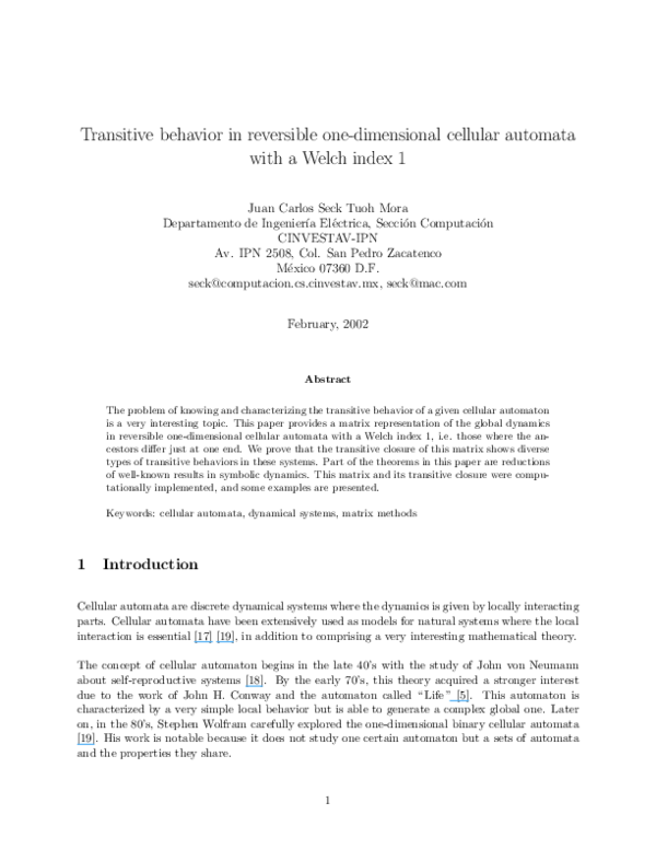 (PDF) Transitive Behavior in Reversible One-Dimensional Cellular Automata with a Welch Index 1