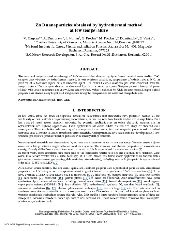 (PDF) ZnO nanoparticles obtained by hydrothermal method at low temperature