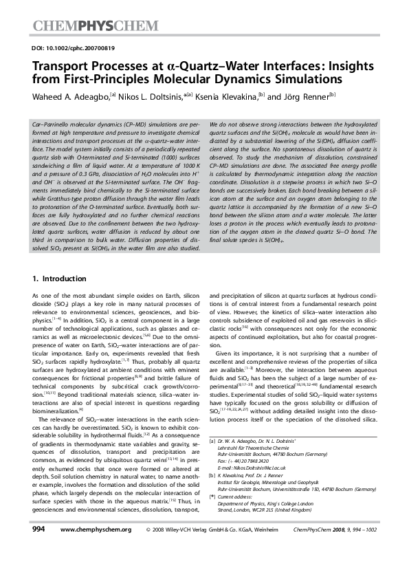 (PDF) Transport Processes at α-Quartz–Water Interfaces: Insights from First-Principles Molecular ...