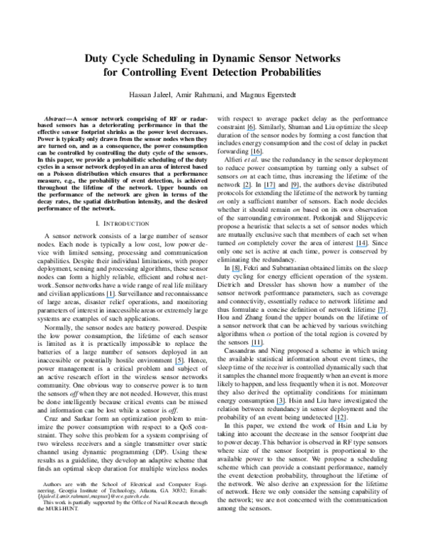 Pdf Duty Cycle Scheduling In Dynamic Sensor Networks For Controlling