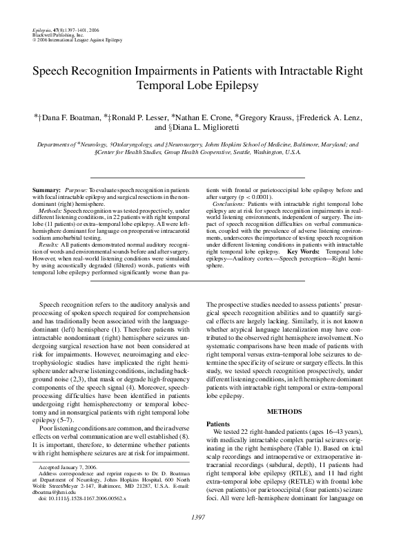 (PDF) Speech Recognition Impairments in Patients with Intractable Right Temporal Lobe Epilepsy