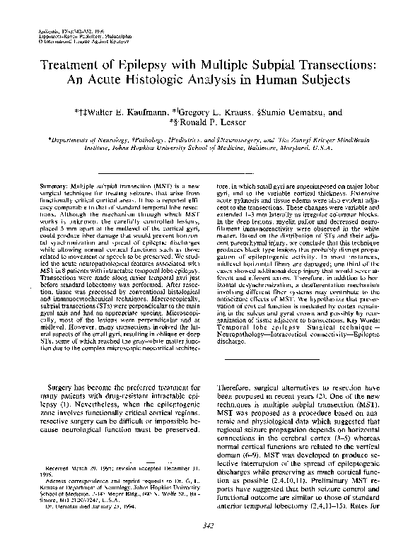 (PDF) Treatment of Epilepsy with Multiple Subpial Transections: An ...