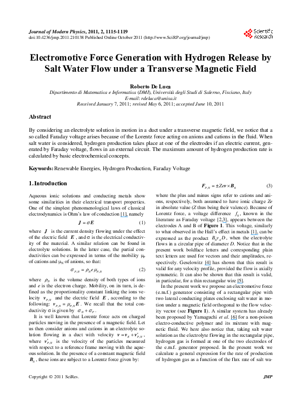 (PDF) Electromotive Force Generation with Hydrogen Release by Salt Water Flow under a Transverse ...