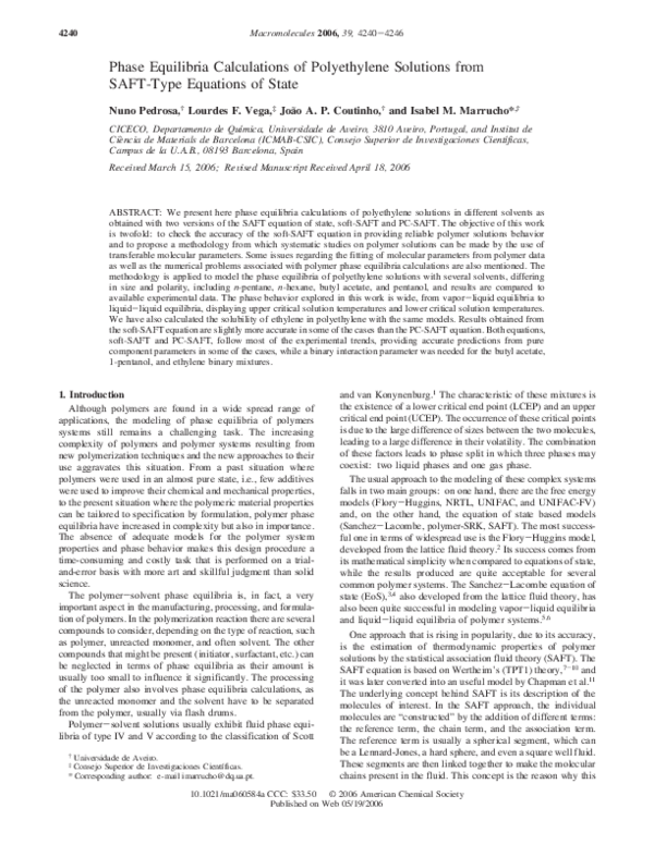 (PDF) Phase Equilibria Calculations of Polyethylene Solutions from SAFT-Type Equations of State