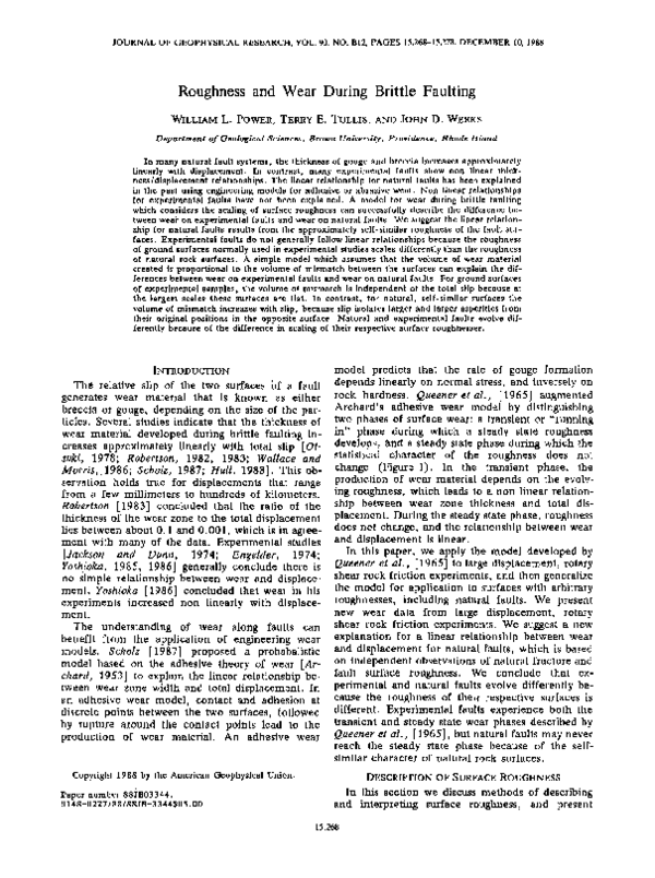 (PDF) Roughness and Wear During Brittle Faulting