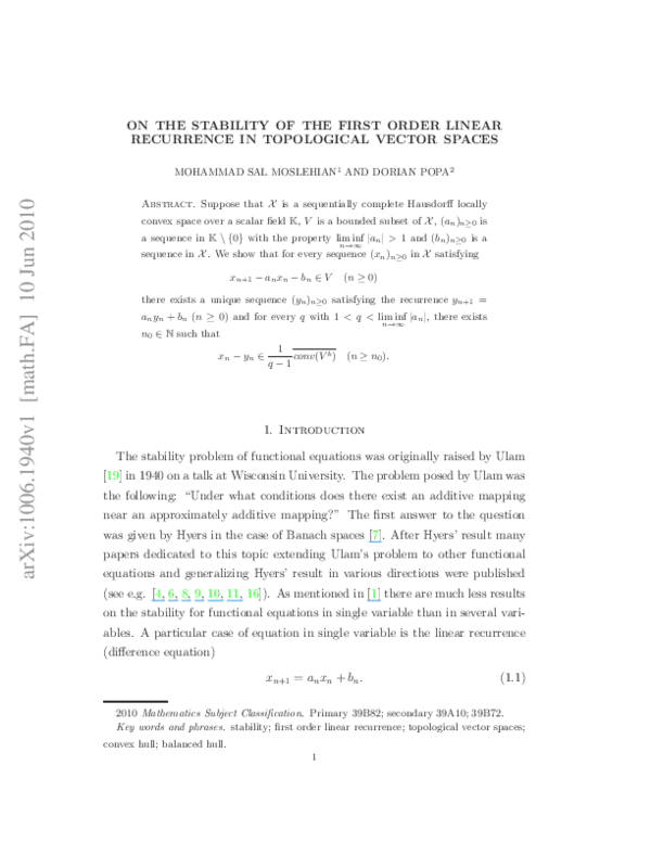 (PDF) On the stability of the first-order linear recurrence in topological vector spaces