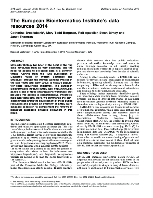 (PDF) The European Bioinformatics Institute's data resources