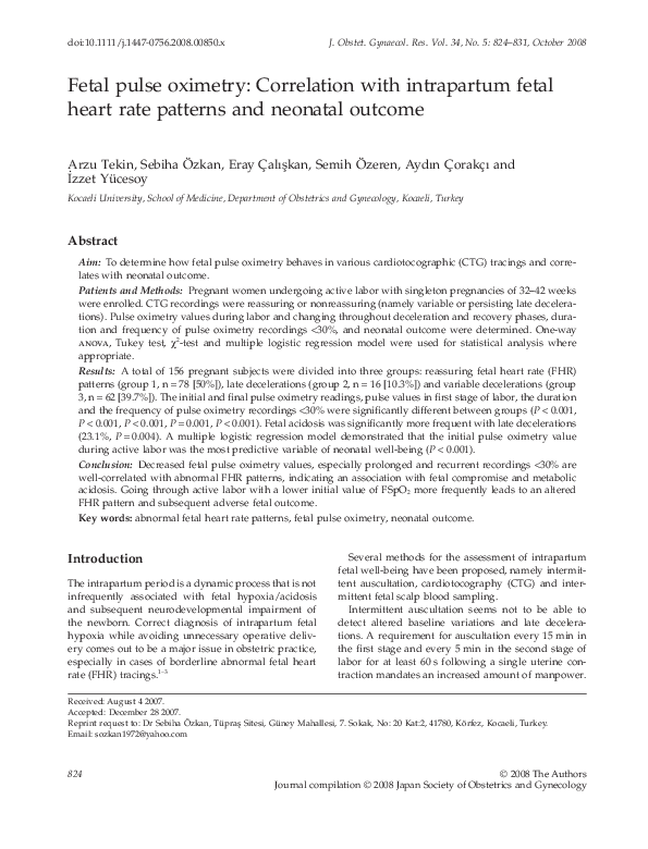 (PDF) Fetal pulse oximetry: Correlation with intrapartum fetal heart ...