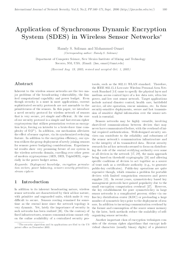 (PDF) Application of Synchronous Dynamic Encryption System (SDES) in Wireless Sensor Networks