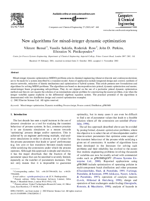 (PDF) New algorithms for mixed-integer dynamic optimization